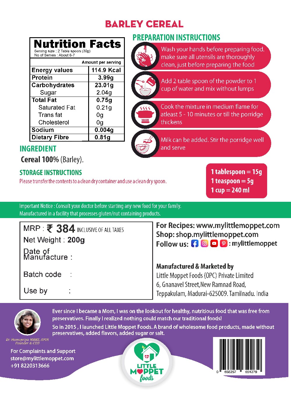 Organic Barley Cereal - Easily digestible fiber rich first food for babies