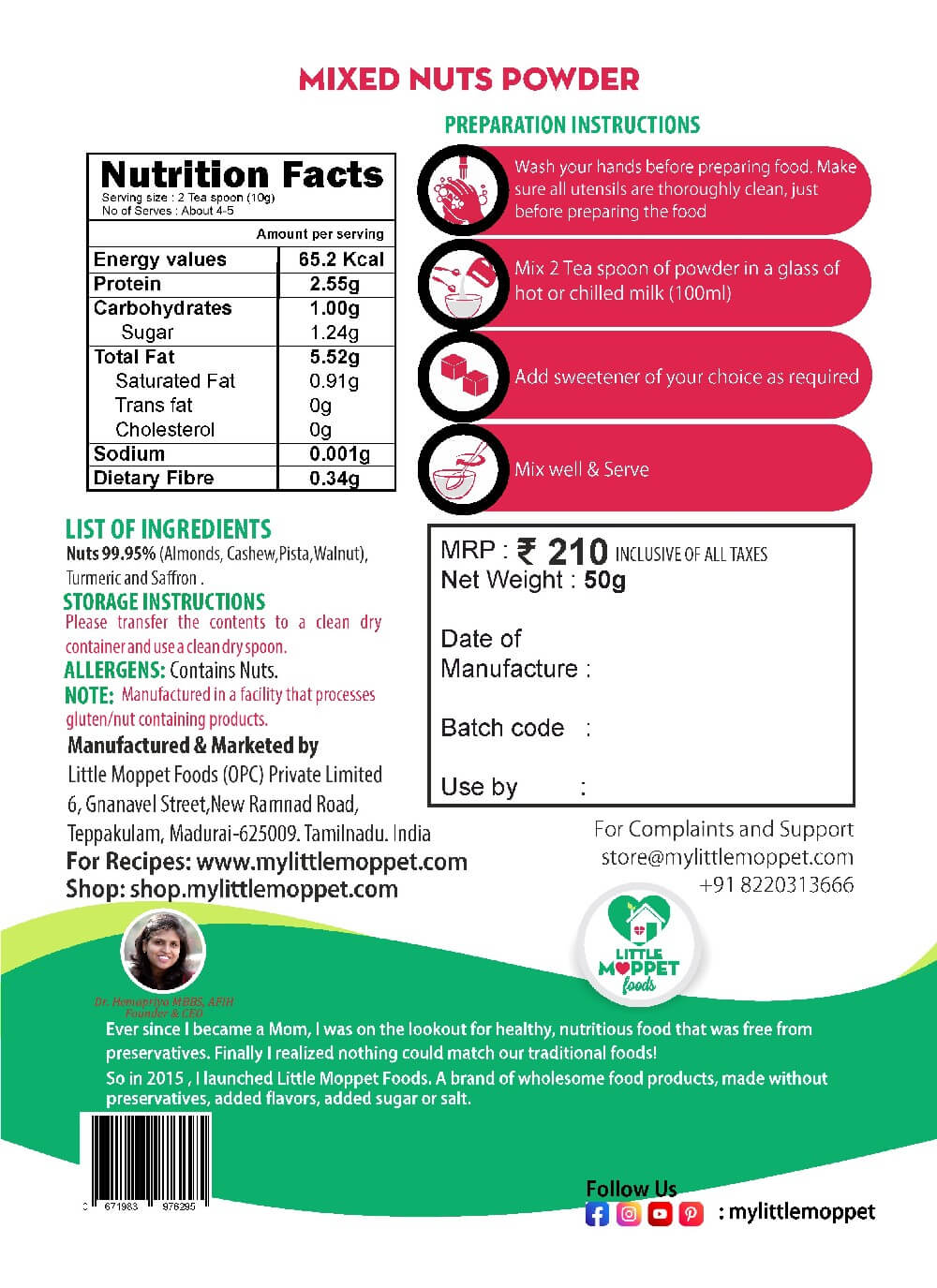 Mixed Nuts Powder with Walnut Trial Pack 50g - MyLittleMoppet Store